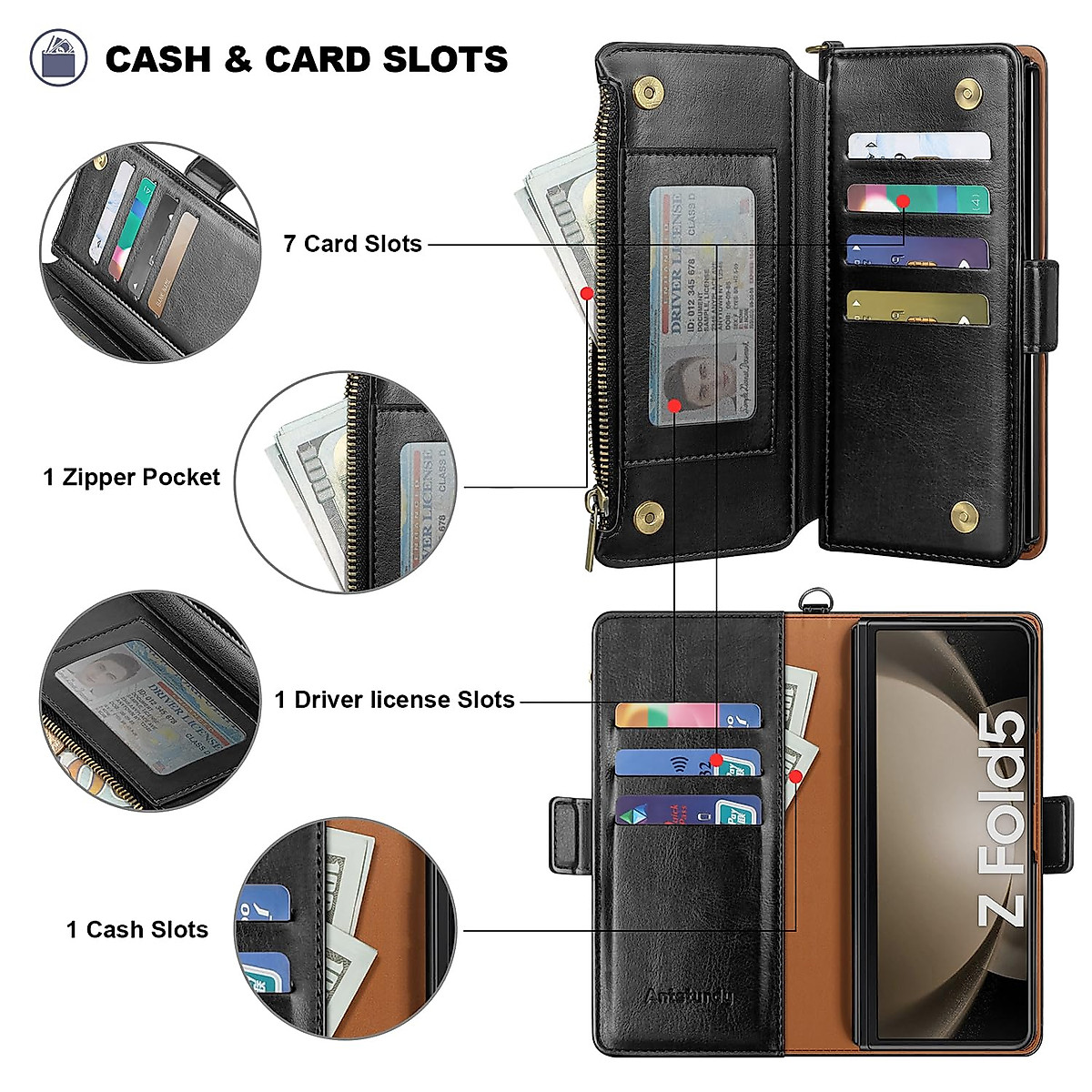 Antsturdy for Samsung Galaxy Z Fold 5 case Wallet Women with 【S Pen Holder】,Galaxy Z Fold 5 Phone case with Card Holder Strap PU Leather RFID Blocking Flip Folio Cover Credit Slots Men,Black