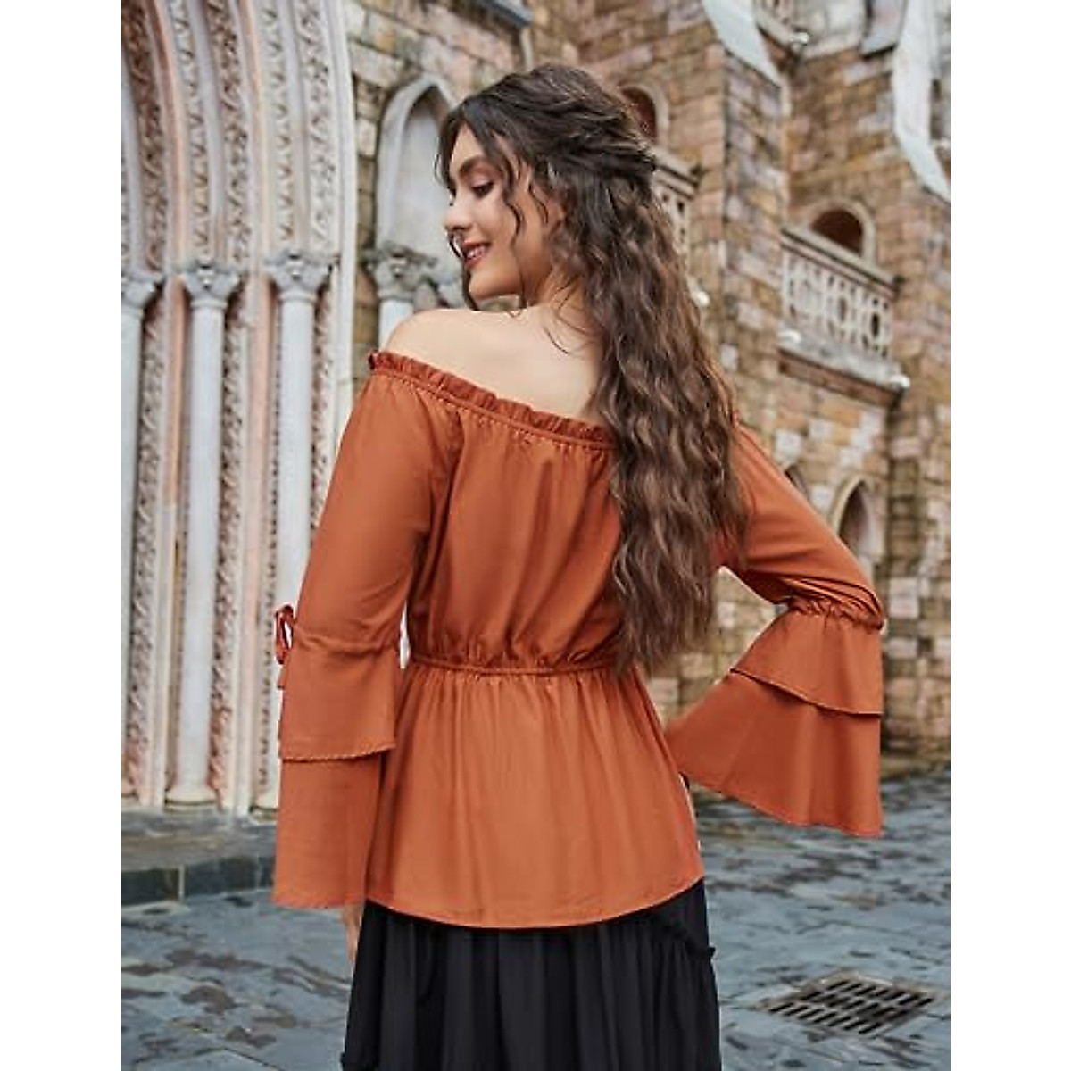 Womens Peplum Tops Boho Renaissance Shirt Bell Sleeve Peasant Blouse Dressy Casual Summer Top Orange 2XL