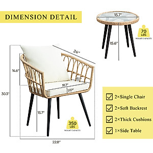 HYDRAGARDEN 3 Piece Patio Bistro Set, Outdoor Wicker Conversation Chair Sets Balcony Furniture with Coffee Table & Cushions, All-Weather Rattan Table and Chairs Set for Porch Backyard Deck Poolside