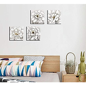 Flowers Wall Art Bathroom Wall Decor Abstract Botanical Picture Contemporary Wall Art Prints Bedroom Living Room Kitchen Office Home Decor Modern White Flower Canvas Artwork 12" x 12" x 4 Pieces
