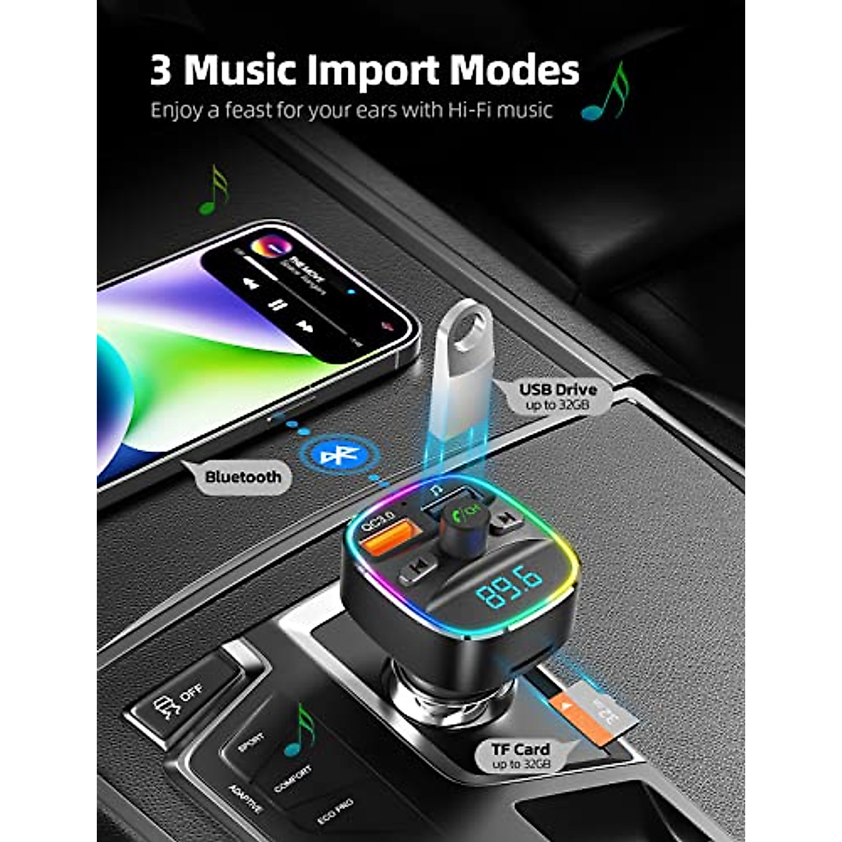 Nulaxy Bluetooth FM Transmitter for Car,Bluetooth Car Adapter with Dual USB Charging Car Charger MP3 Player Support TF Card & USB Disk,Hands Free Calling,7 Colors Led Backlit Light