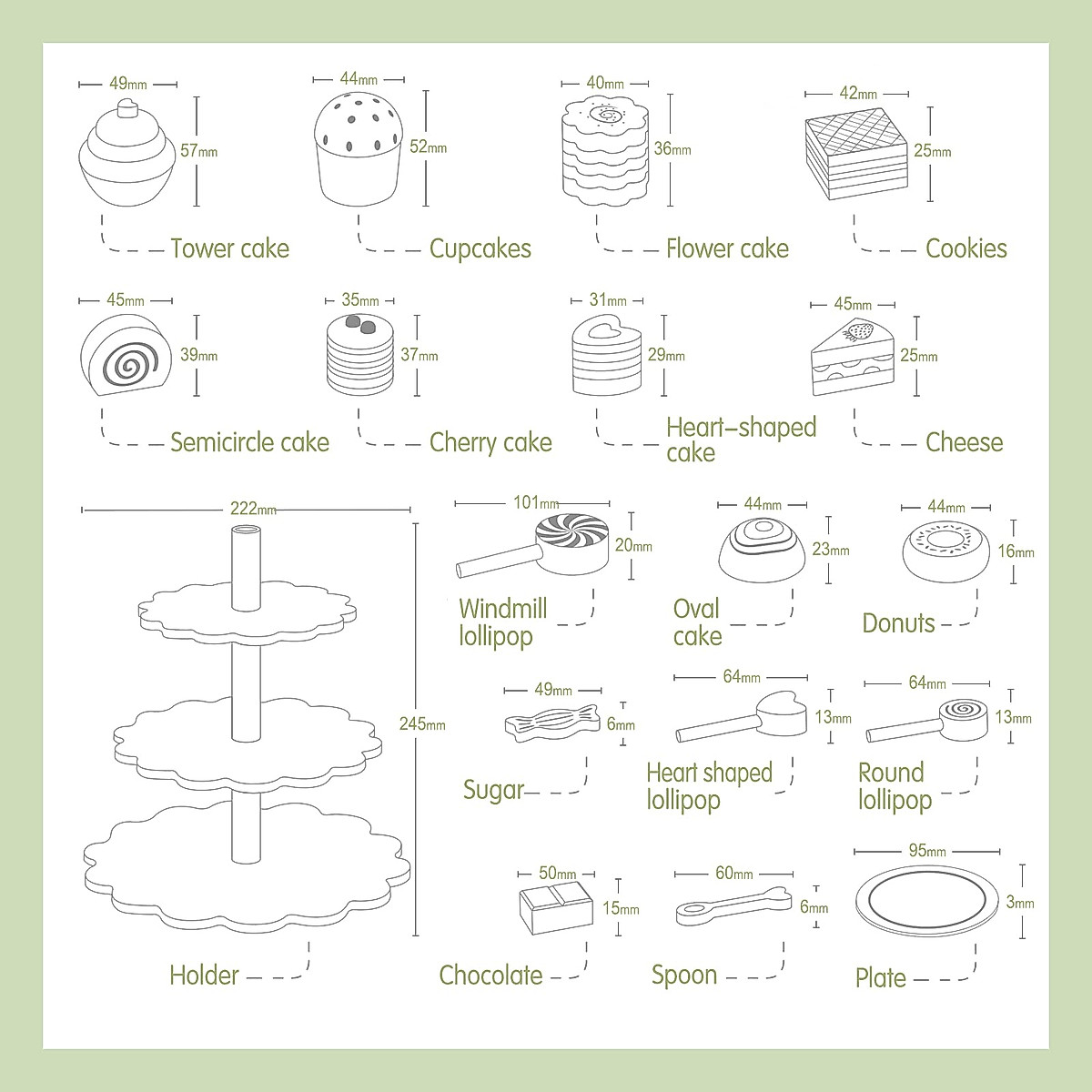 nunukids Wooden tea party set for little girls fake food for kids kitchen 22pcs cake shop toy