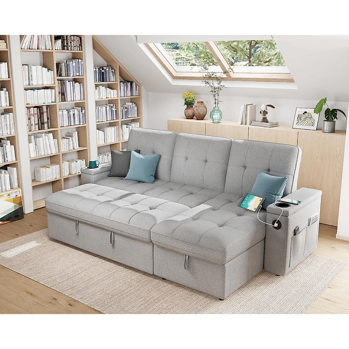 VanAcc Sofa Bed, Modern Tufted Convertible Sleeper Sofa, USB Charging Ports & Cup Holders, Pull Out Couch Bed with Storage Chaise, Chenille Couches for Living Room (Light Grey), 84in x 52in x 36in