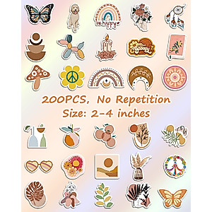 200 Pcs Water Bottle Stickers for Teens Girls, Cute Boho Preppy Stickers for Water Bottles, Waterproof Vinyl Stickers Aesthetic, Laptop Journal Scrapbook Stickers, Cute Sticker Pack Warm Colour