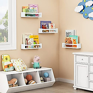 Floating Nursery Book Shelves for Wall Set of 4, White Wall Bookshelf for Kids Room, Small Wood Book Shelf Wall Mounted for Baby Teen Boys Girls Bedoom Bathroom Toy and Decor Storage