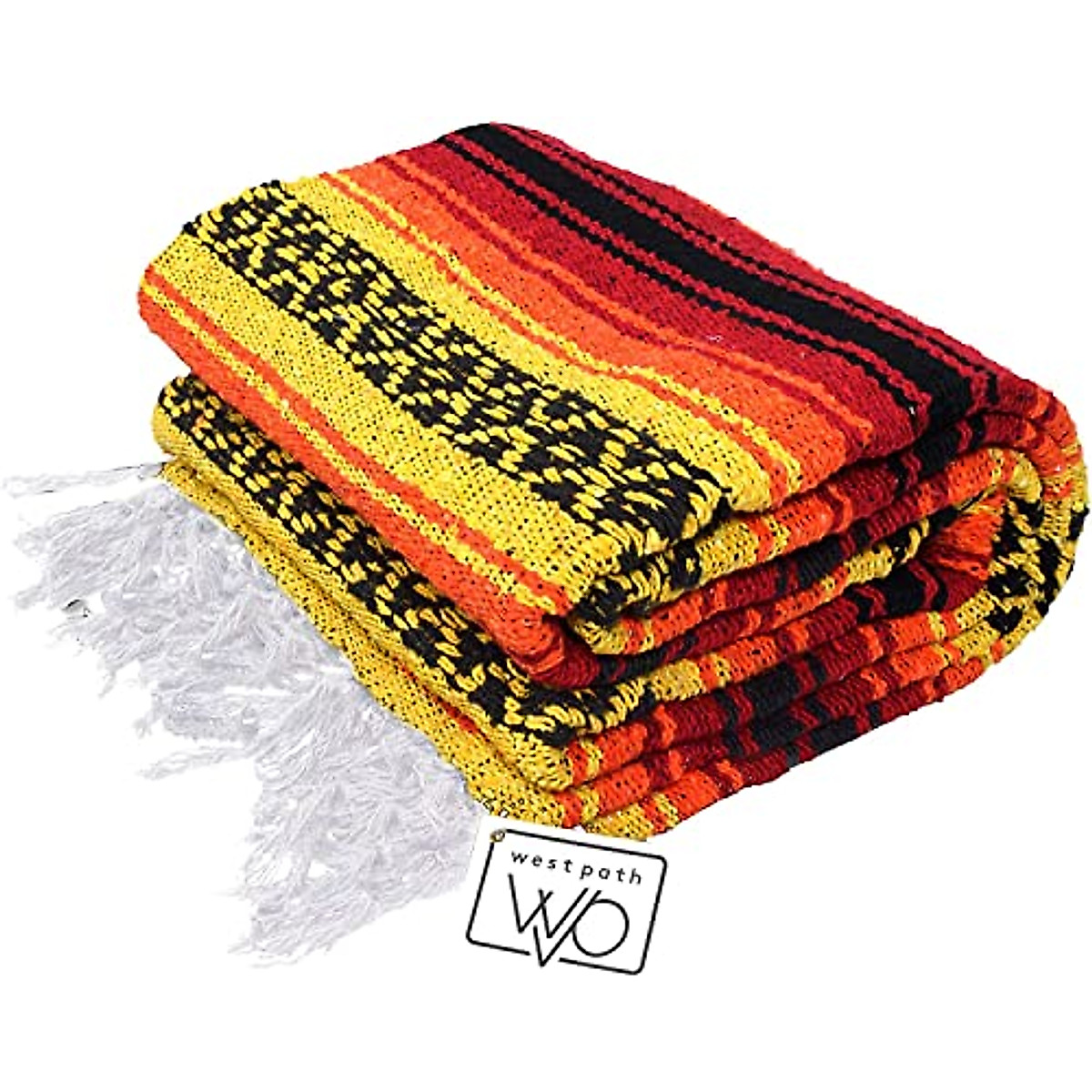 Open Road Goods Heavyweight Mexican Falsa Yoga Blanket, Extra Thick with Stripes - Great Beach Blanket, Mexican Blanket, Picnic Blanket, or Throw - Handmade Sunfire Red, Orange, and Black Colors