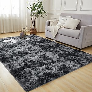 Andency 4x6 Shag Area Rug for Living Room, Tie-Dyed Dark Grey Soft Fuzzy Plush Indoor Carpets for Bedroom, Non Skid Fluffy Faux Fur Rug for Room