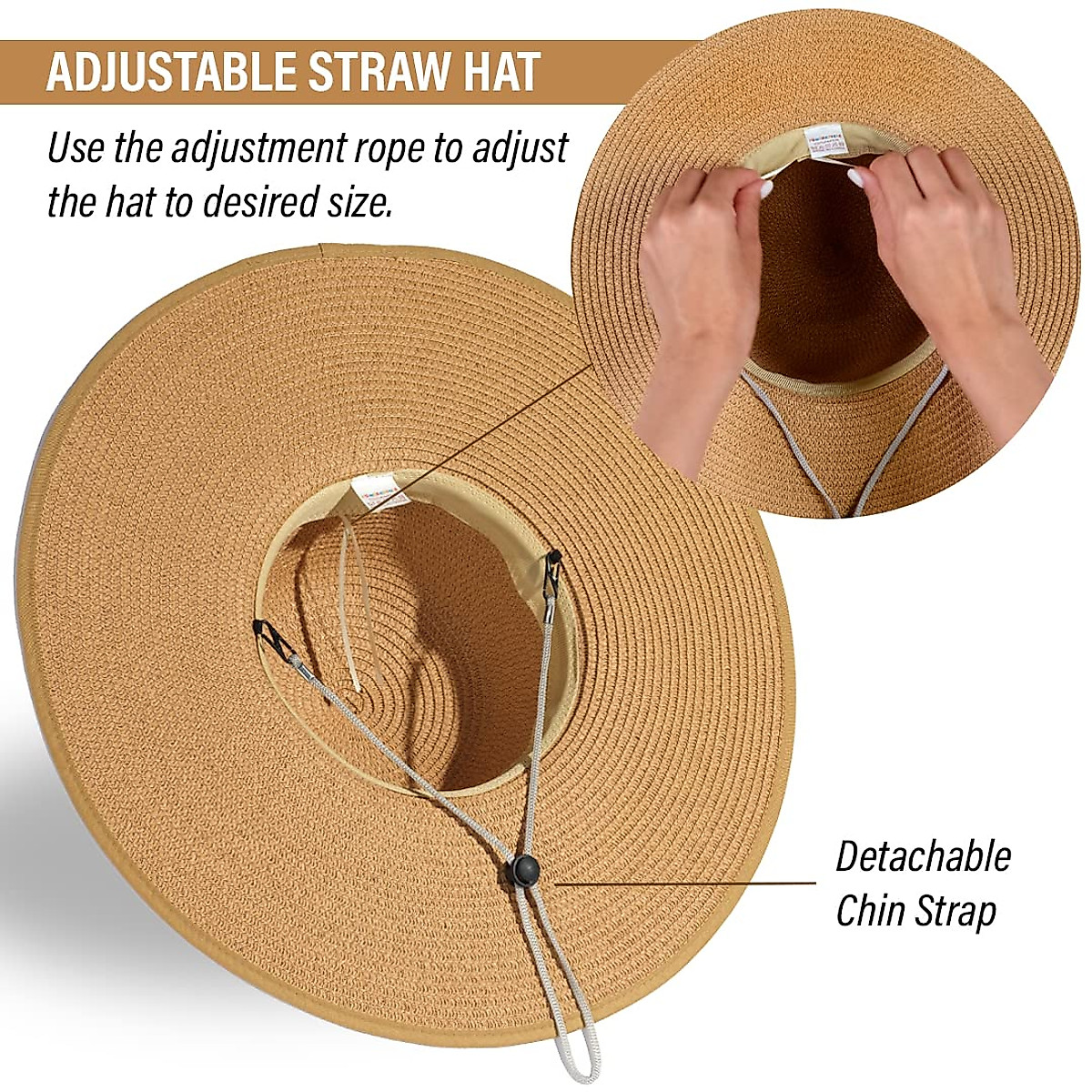 Funcredible Khaki Sun Hat for Women - Khaki Wide Brim Hat - Large Floppy Beach Hat - Straw Sun Hats with Bow and Heart Shape Glasses