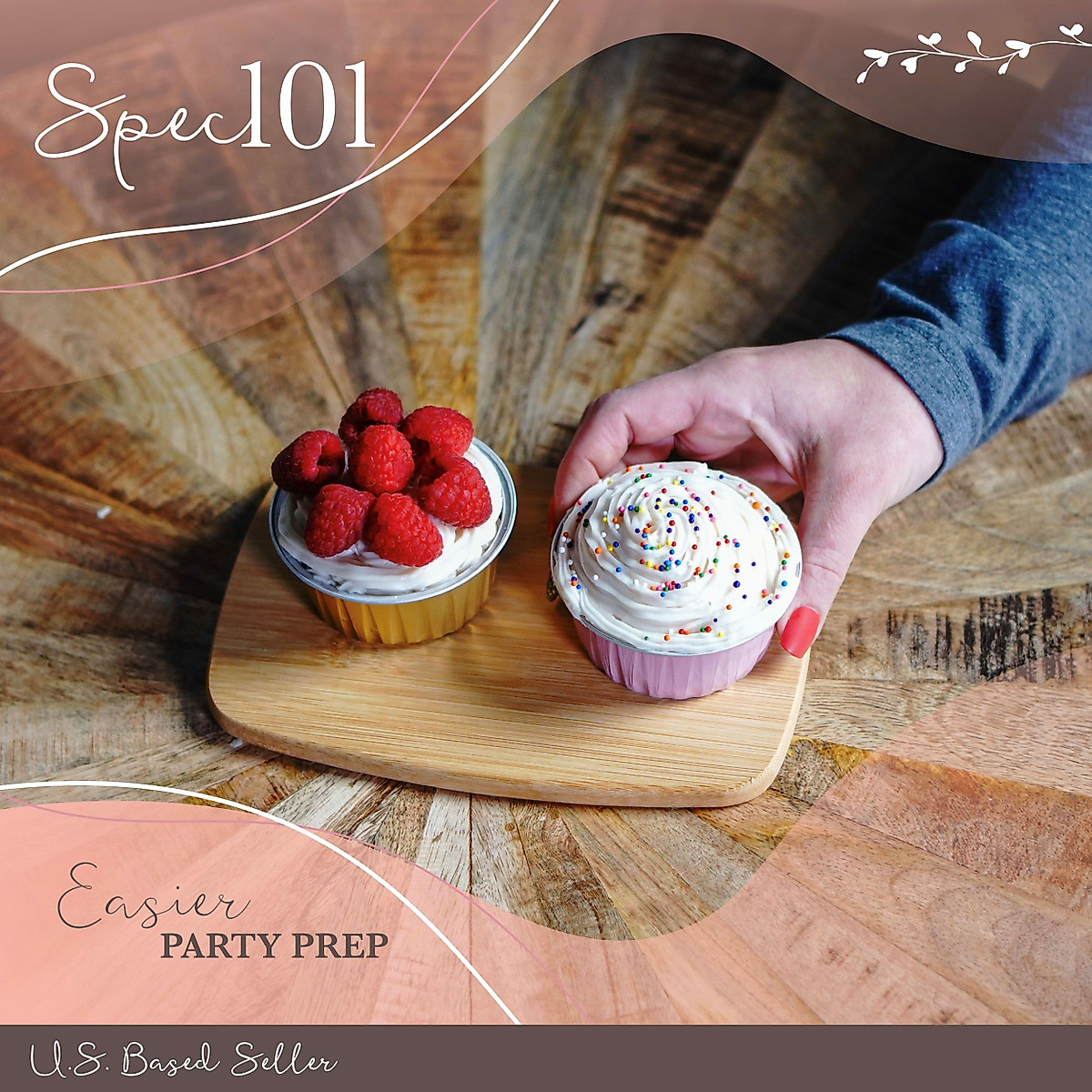 Spec101 Aluminum Foil Mini Cake Pans with Lids - 100pk 4 Color Disposable Ramekins 5oz Muffin Tins Cupcake Liners