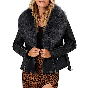 Bellivera Women's Faux Leather Short Jacket Moto Sherpa-Lined Belt Coat with Removable Fur Collar 9203 Black M