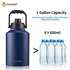 CIVAGO Gallon Insulated Water Bottle Jug, 128 oz Stainless Steel Sports Canteen with Handle and Sleeve, Large Metal Growler Mug, Navy Blue