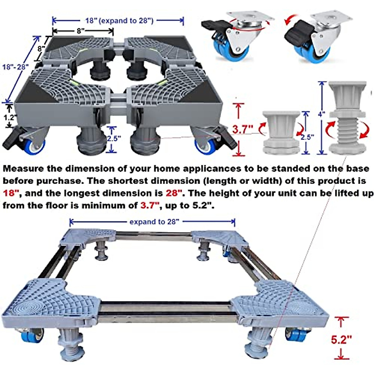 Mini Fridge Stand Mobile Base With 4 Locking Refrigerator Wheels And 8 Strong Feet For Washer Dryer Washing Machine Stand Pedestal, Refrigerator Stand, Adjustable Appliance Dolly Square, Moving Roller