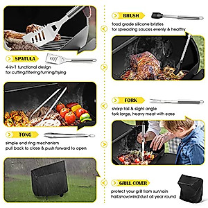 Barrel Charcoal Grill with Offset Smoker, HaSteeL Outdoor BBQ Grill Set of 15, Large Camping Grill for Patio Backyard Garden Smoking Barbecue, Grill Cover, Spatula, Tong, Brush, Fork, Carrying Bag