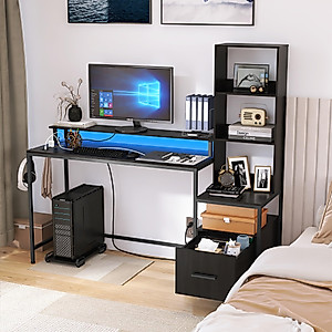 RUPOLX Black Desk with File Drawers, Computer Desk with Power Outlet and Monitor Shelf, Home Office Desk with Storage Shelves, Gaming Desk with Led Lights