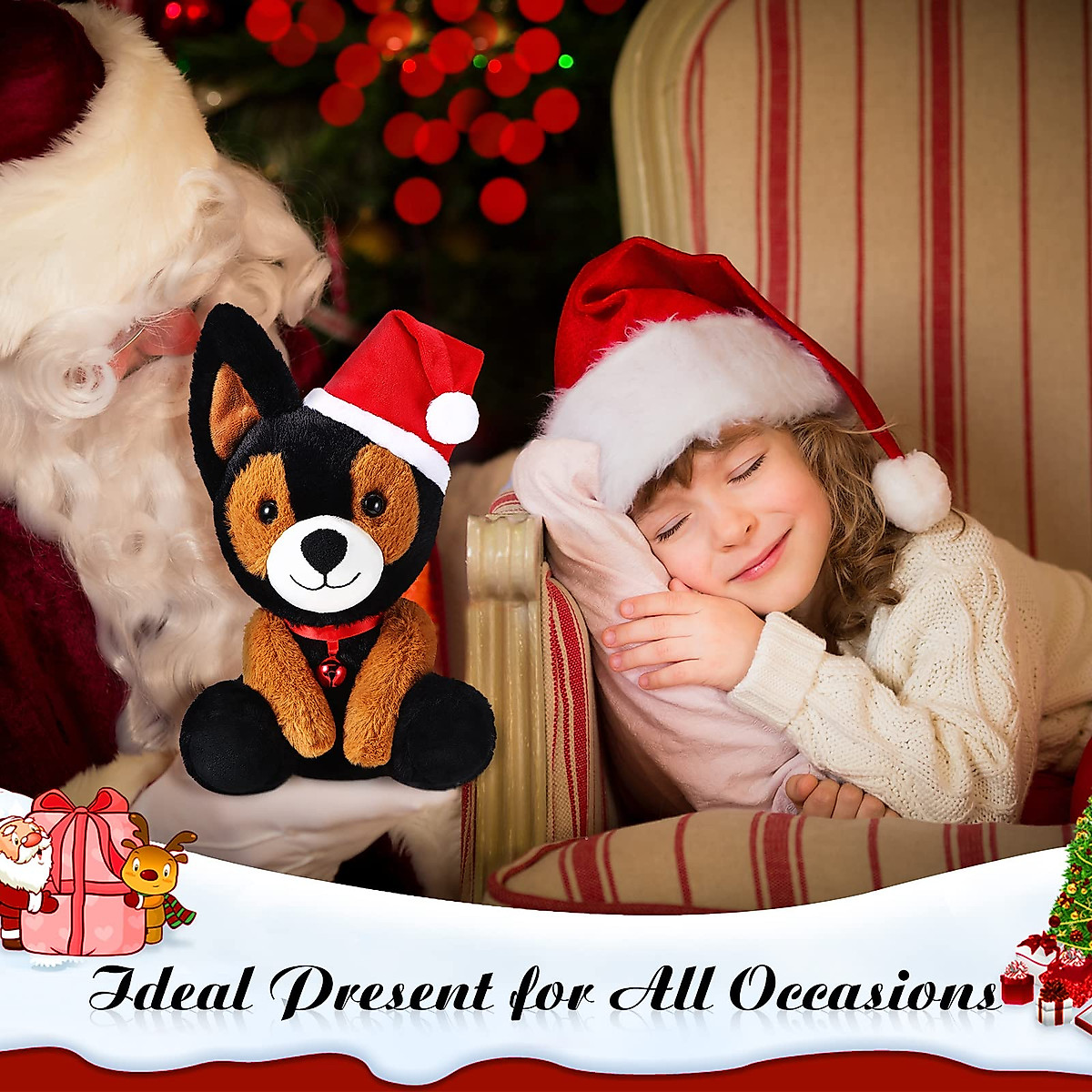 Threan 8 Inch Christmas Stuffed Animal Christmas Plush Doll with Santa Hat for Holiday Decoration Winter Gifts(Dog Style)