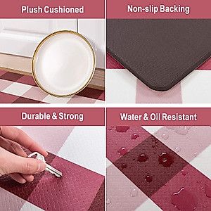Carvapet Buffalo Plaid Kitchen Rug 2 PCS Cushioned Anti-Fatigue Kitchen Mat Waterproof Non-Slip PVC Ergonomic Comfort Standing Foam Mats for Office Laundry, Rose&White, 17.3''x27.5''+17.3''x47.2''