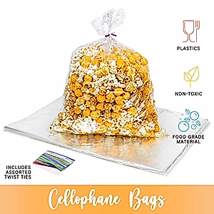 TATTI 100 Pack Clear Plastic Large Cellophane Bags 12x16 With 4inches Twist Ties, Plastic Cello Bags 1.4 mils for Cookies Candy Gift Birthday Party Favor (Pack of 100)