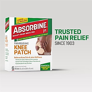 Absorbine Jr. Knee Pain Relief Patches, Fast Acting Pain Patch with Menthol for Knee Pain, Muscle Cramps and Joint Pain, 12 Hours of Long Lasting Relief with Sweat Proof Technology, 6 Count