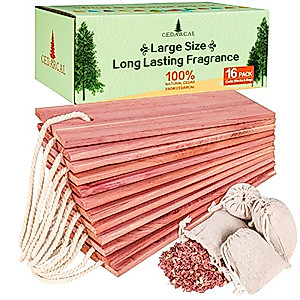 Cedar Blocks for Clothes Storage - 16PCS Premium Cedar Chips, Hangers, Cedar Sachets Bags with 100% Natural Cedar Wood Planks - Used for Closet Freshener, Boxes, Bins and Drawers.
