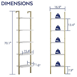 NUMENN Industrial Ladder Shelf, 5 Tier Book Shelf, Open Space Wall Mount Bookshelf with Metal Frame, Sturdy Book Shelves, Bookcase for Living Room, White and Brown Gold