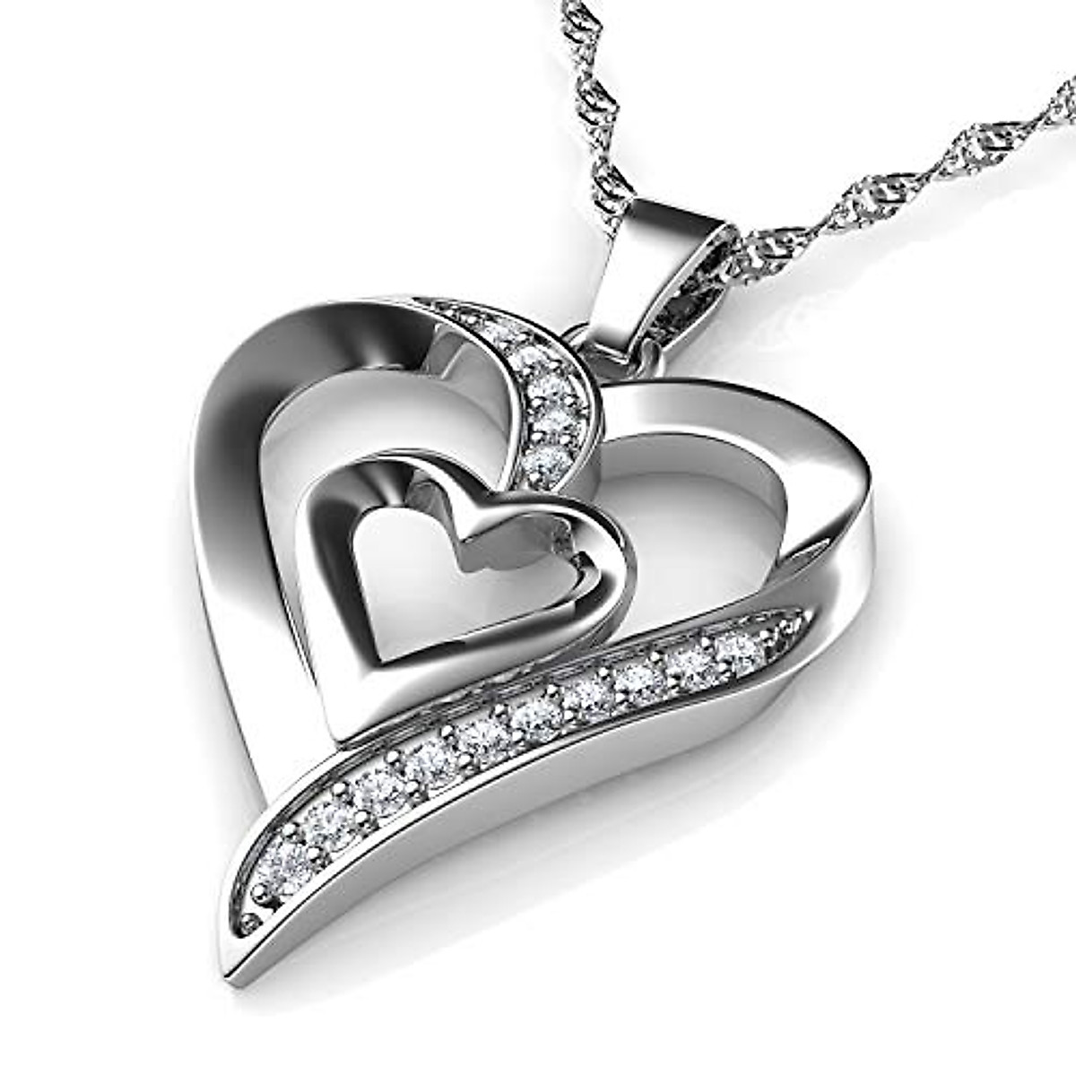 DEPHINI - Heart Necklace - 925 Sterling Silver - Double Love Heart Pendant with CZ Crystals - Jewelry for Woman - 18" Chain - Rhodium Plated