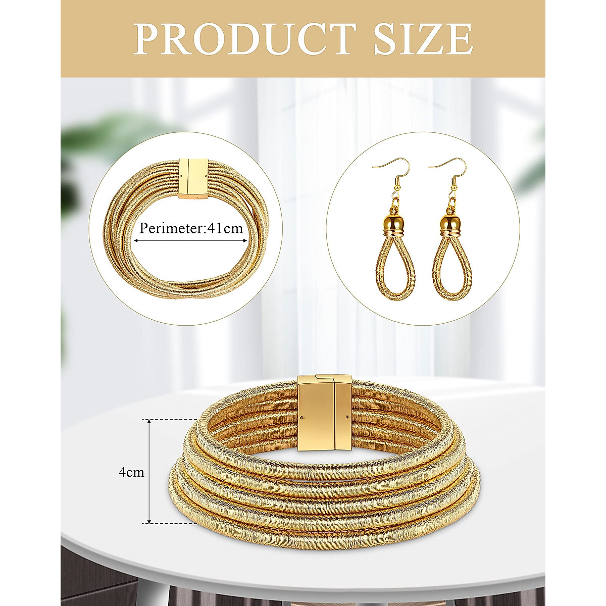 Hicarer 5 Pieces African Jewelry for Women, African Statement Choker Layered Collar Necklace Tribal Style Earrings Bracelet Faux Nose Rings Nose Cuffs Hoop African Jewelry for Ladies(Gold)