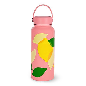 Kate Spade New York Extra Large Insulated Water Bottle, 33 Ounce Stainless Steel Water Bottle with Handle, Pink Double Wall Metal Tumbler with Lid, Lemon Toss