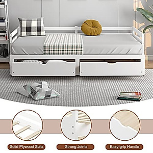 DORTALA Twin to King Daybed with Trundle and 2 Storage Drawers, Modern Extendable Daybed with Pull Out Bed Twin, Dual-use Sofa Bed for Bedroom, Guest Room, Living Room, No Box Spring Required, White
