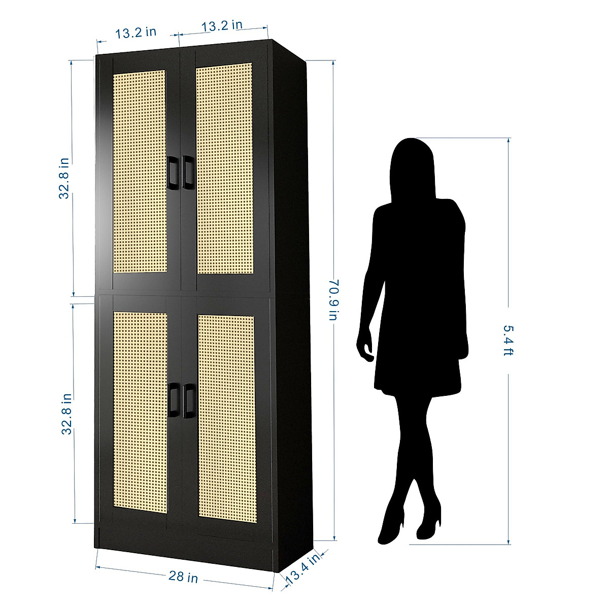 DIYART Black Rattan Kitchen Pantry Cabinet, 71" Tall Kitchen Pantry Storage Cabinet with Doors, Boho Kitchen Pantry Hutch with Storage for Kitchen, Dining Room