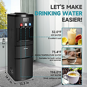 ICEPURE 3 in 1 Water Cooler Dispenser with Built-in Ice Maker, Hot Cold Room Temp Water and Bullet Ice, Top Loading 2, 3 or 5 Gallon, 26.5 Lbs per 24H Ice Maker, Child Safety Lock, Black