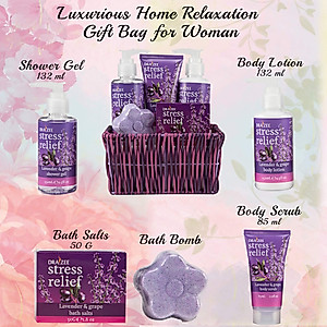 Draizee Spa Basket For Women - Lavender and Grape 5 Piece Spa Gift Set Luxurious Home Relaxation Fragrance Spa Gift Basket for Women - #1 Christmas Gifts For Women, Girlfriend