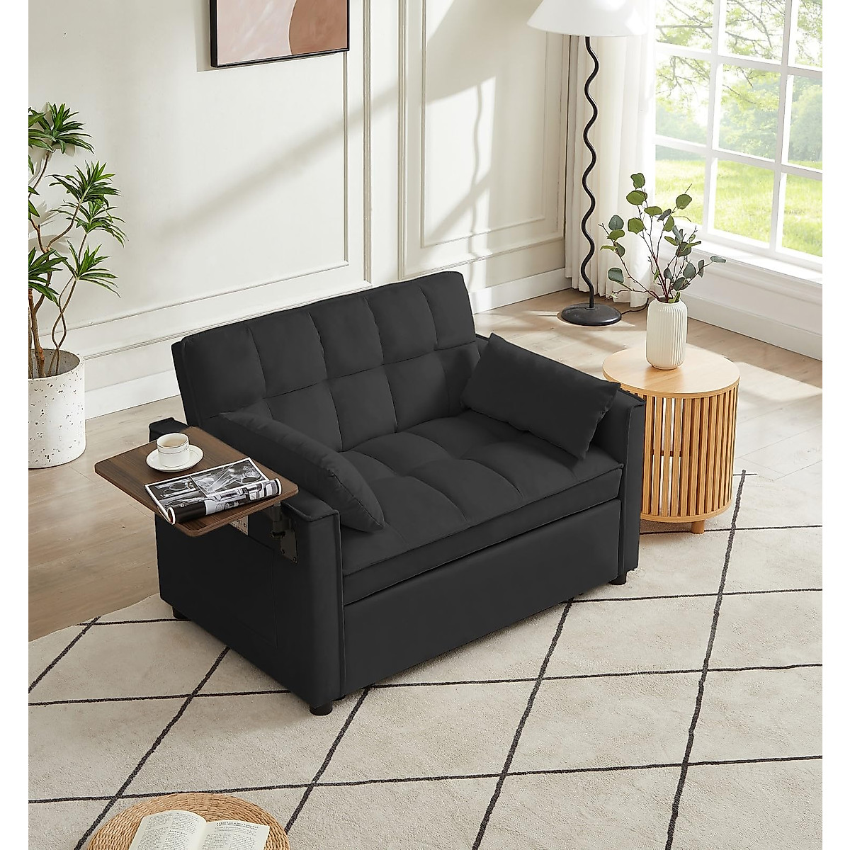 Velvet Pull Out Sofa Bed with Side Table, Convertible Loveseat Sleeper with Tufted Backrest, Modern Futon Couch for Living Room, Bedroom (Black)