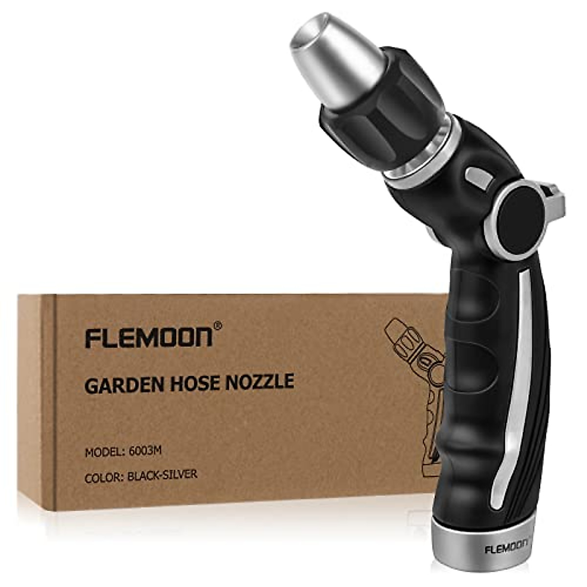 Flemoon Garden Hose Nozzle Sprayer, High Pressure, Heavy Duty Metal, Thumb Flow Control, Leak Free, Metal Water Hose Nozzle Spray to Wash Cars and Clean Floors, Silver