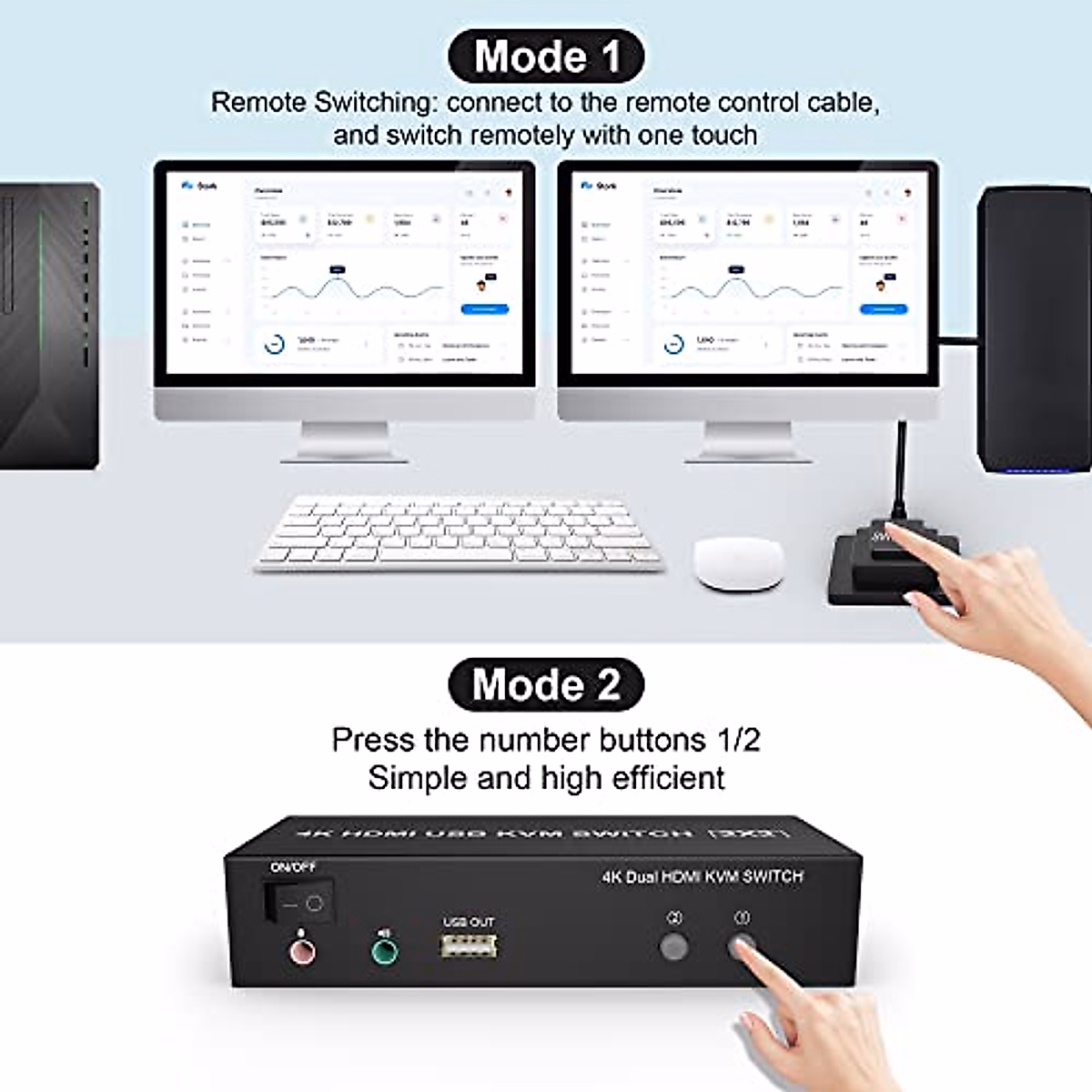 Dual Monitor KVM Switch HDMI 2 Port, 4K@60Hz Extended Display KVM Switch 2 Monitors 2 Computers with Audio Microphone Output and 3 USB Ports, PC Monitor Keyboard Mouse Switcher