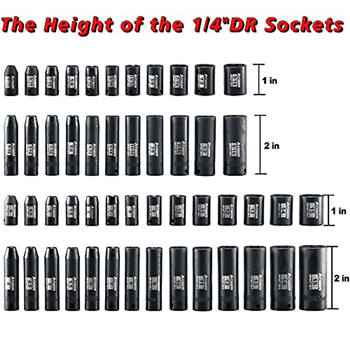 AOBEN 1/4-Inch Drive Impact Socket Set, 54 Pieces, 6 Point, SAE/Metric, (5/32" - 9/16" ，4mm -15mm)，Deep/Shallow, Cr-V Steel, Includes Extension bars and Socket Adapter