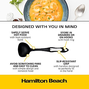 Hamilton Beach Plastic Ladle Spoon for Cooking | Non-Slip Solid Long Nylon Soft Touch Handle 13 inch | Non-stick Heat Resistant | Hygienic Spatula Spoon Design for Soups, Stews, Dressings - Black