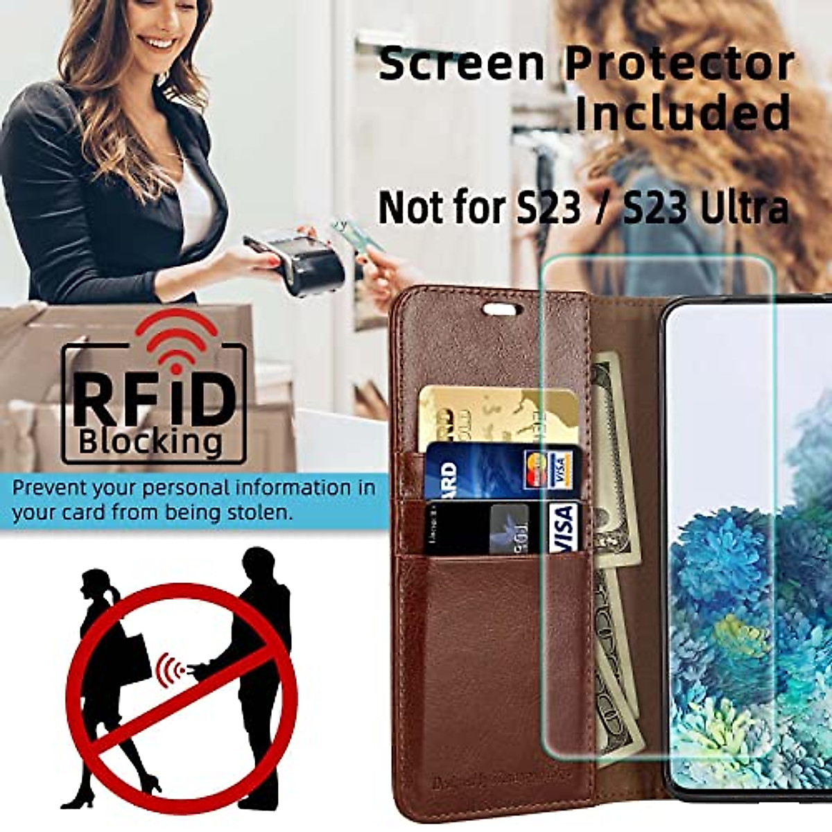 MONASAY Wallet Case for Galaxy S23+Plus 5G,[RFID Blocking] Flip Folio Leather Cell Phone Cover with Credit Card Holder for Samsung Galaxy S23+Plus 5G 6.6 inch, Brown