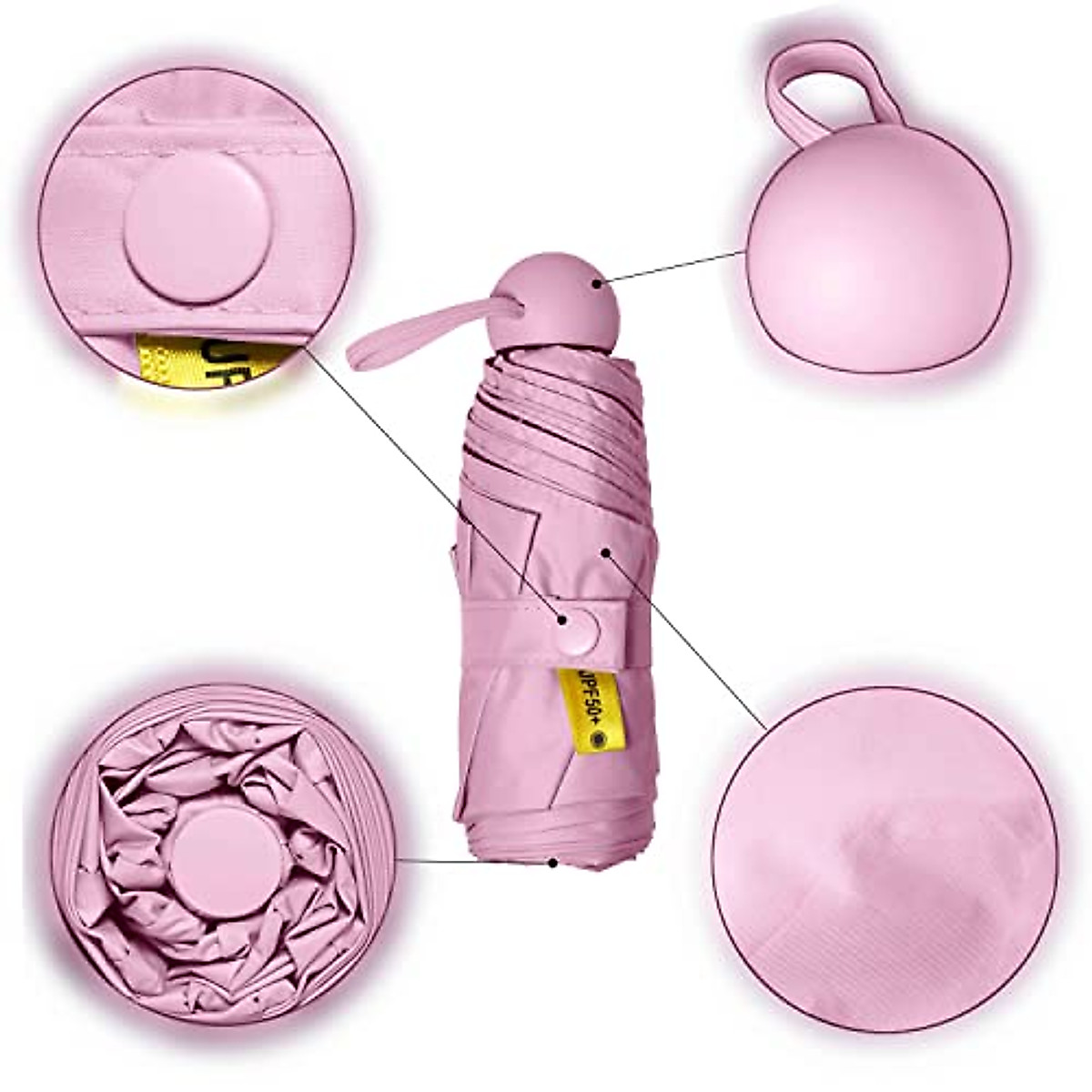 Mini Travel Umbrella - Wind Resistant, Small- Compact, Light, Strong Steel Shaft, Windproof, Mini, Folding and Portable - Backpack, Car, Purse Umbrellas for Sun and Rain - 99% UV Protection for Men and Women, Compact Umbrella (light pink with gift box)