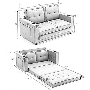 3 Fold Tufted Upholstered Futon Sofa Bed Modern Convertible Foldable Loveseat Floor Sofabed with Pull Out Sleeper Couch Daybed W/Cupholders and Pockets for Living Room