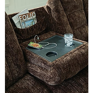 Signature Design by Ashley Soundwave Contemporary Manual Reclining Sofa with Drop Down Table, USB Ports and Cup Holders, Dark Brown