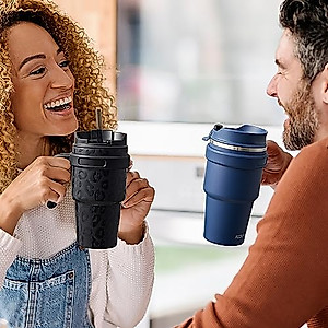 ALOUFEA 20 oz Insulated Coffee Mug Tumbler with Handle, Stainless Steel Travel Mug Tumbler with Lid and Straw,Double Wall Vacuum Leak Proof Ice Coffee Thermal Cup, Navy