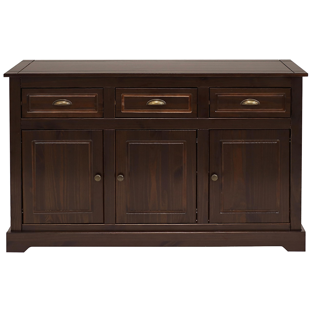 Sunnydaze Solid Pine Sideboard Cabinet with 3 Drawers and 3 Doors - Features Adjustable Inner Cabinet Shelf - Zinc Alloy Hardware - Dark Brown- 32-Inch