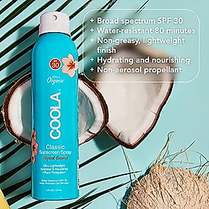 COOLA Organic Sunscreen SPF 30 Sunblock Spray, Dermatologist Tested Skin Care for Daily Protection, Vegan and Gluten Free, Tropical Coconut, 6 Fl Oz
