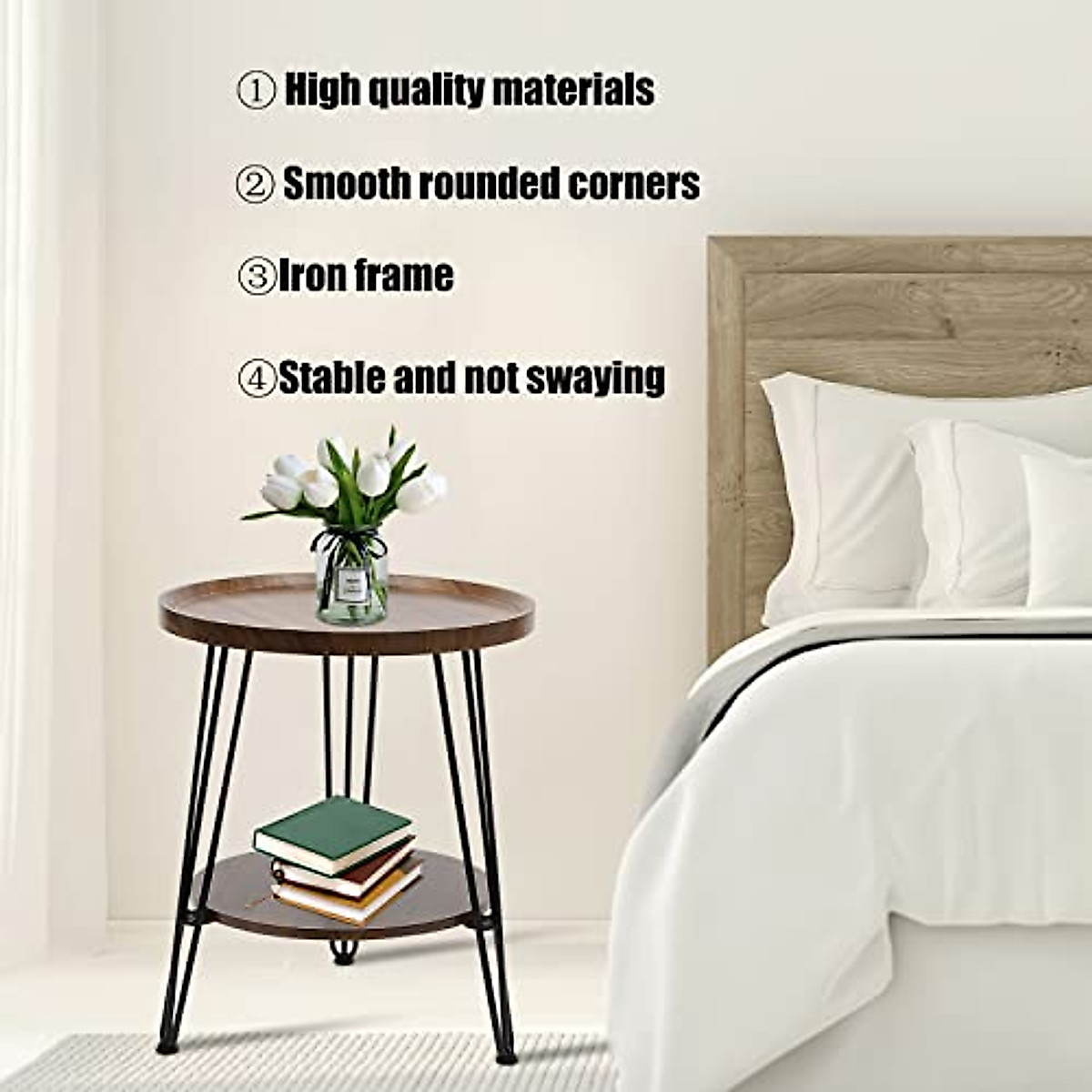 Round End Table, Small Side Table with Storage Shelf, 2-Tier Circular Rustic Vintage Table, Solid Telephone Table Nightstand for Living Room Bedroom Entryway, Black Metal Leg and Walnut Boards