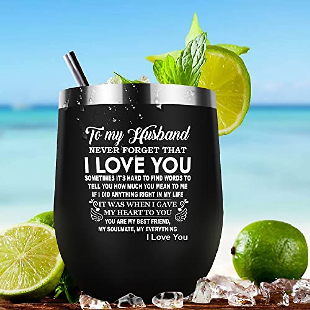 HAINANBOY Gift for Husband Wine Tumbler Anniversary Birthday Gift for Him, with Lid Stemless Double Wall Stainless Steel 12 oz Wine Glasses - Black Tumbler Present for Husband from Wife