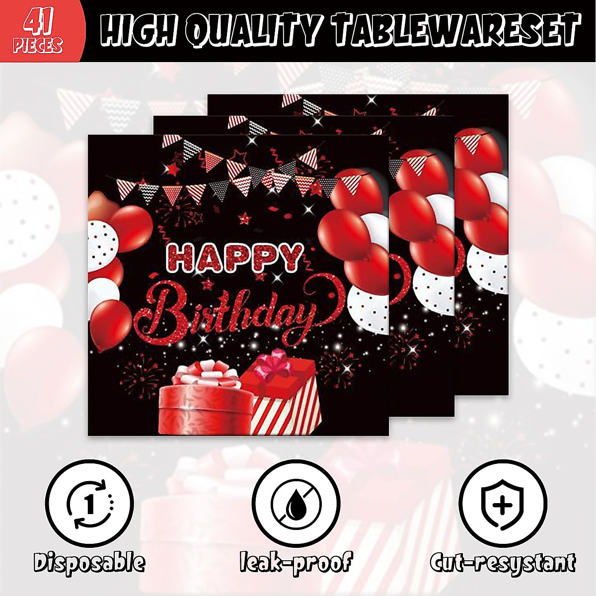 41pcs Black and red Party Supplies ,include 20 Plates, 20 Napkin and 1pcs Tablecloth,Used for Black and red Birthday Party Decoration (AAA)