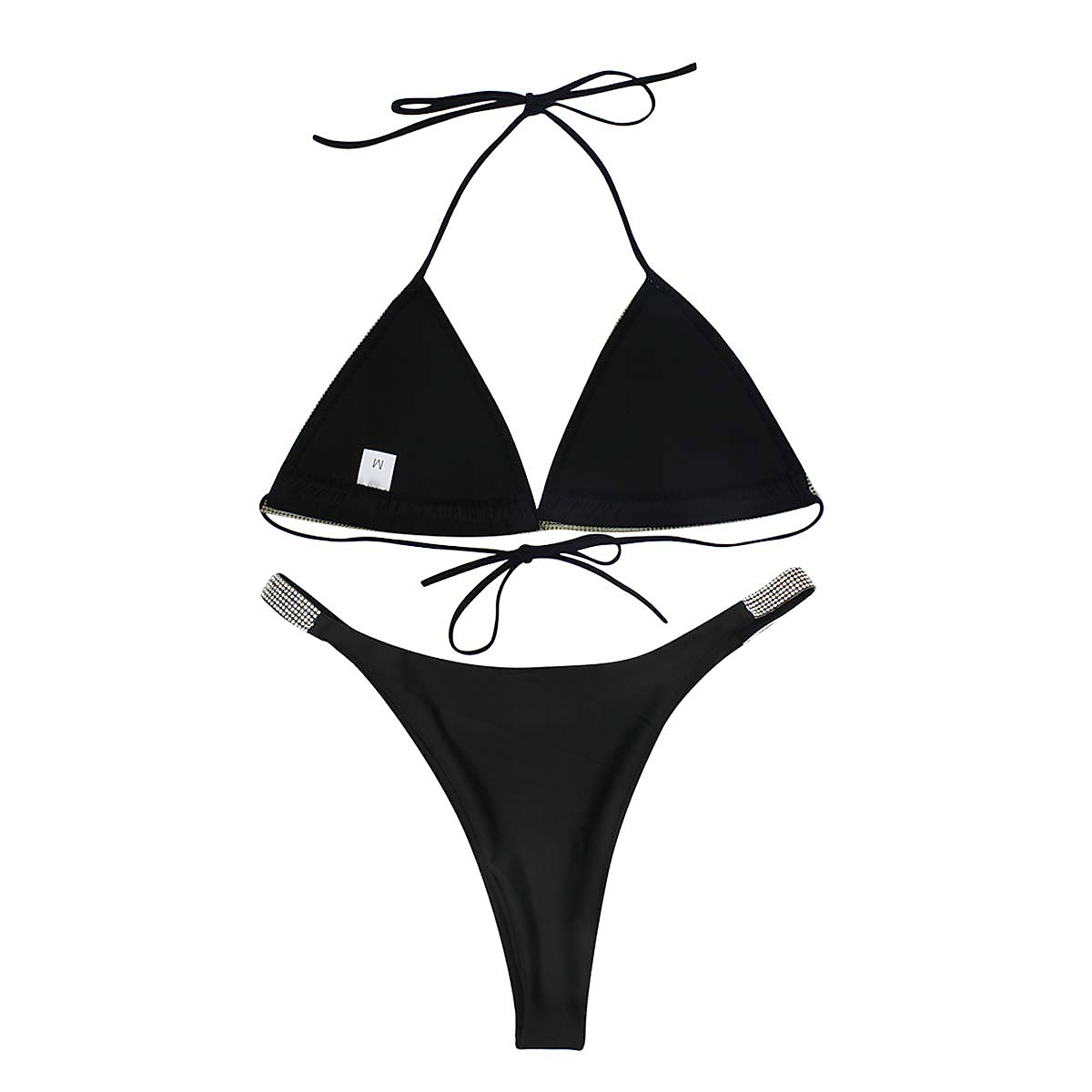 Women 2 Piece Shiny Diamond Crystal Bathing Suit Bikini Sexy Push Up Swimwear for Party Rave Clubwear Black