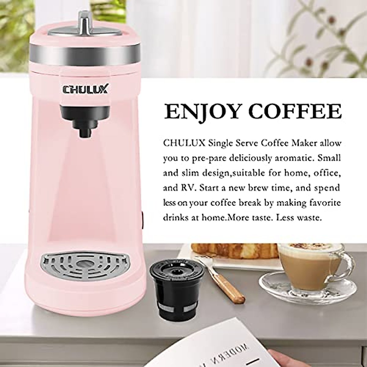 CHULUX Single Serve Coffee Maker,One Button Operation with Auto Shut-Off for Coffee and Tea with 5 to 12 Ounce,Pink