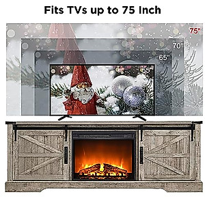 OKD Fireplace TV Stand for 75+ Inch tv, Farmhouse Entertainment Center with 23" Electric Fireplace and Remote Control, Long Rustic Media Console Cabinet with Sliding Barn Door, Light Rustic Oak