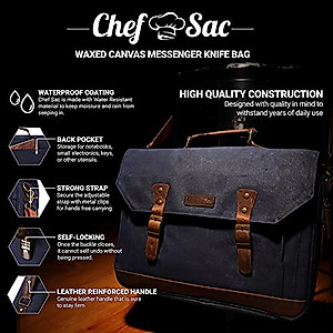 Chef Messenger Knife Bag | Waxed Canvas Chef Knife Bag | Waterproof Material | Chefs Case with 24+ Pockets for Knives & Utensils | Culinary Gifts For Chefs & Students | Sturdy Travel Chef Bag (Blue)